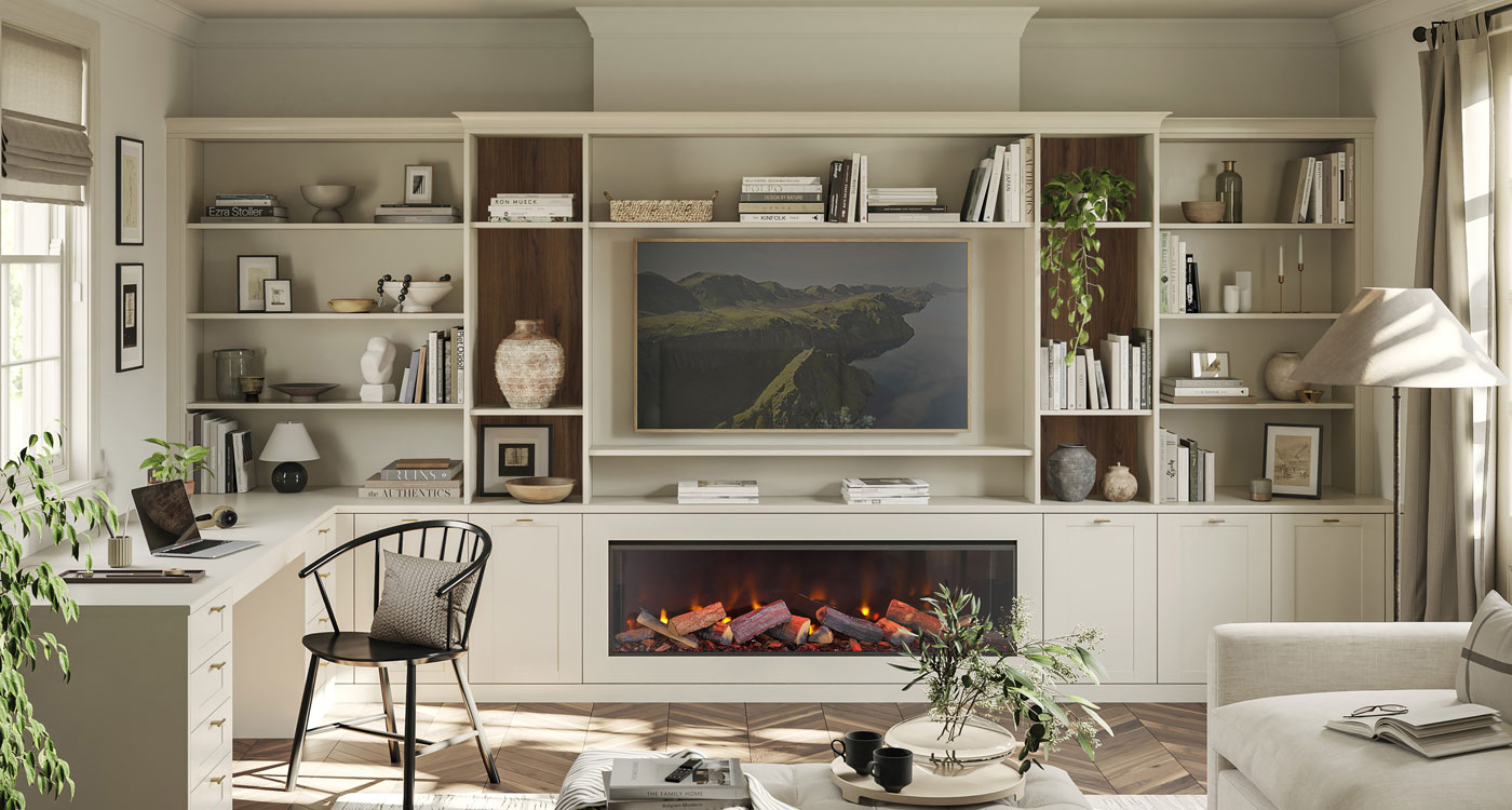 Living Room Media Walls with Integrated Fireplaces | Sharps