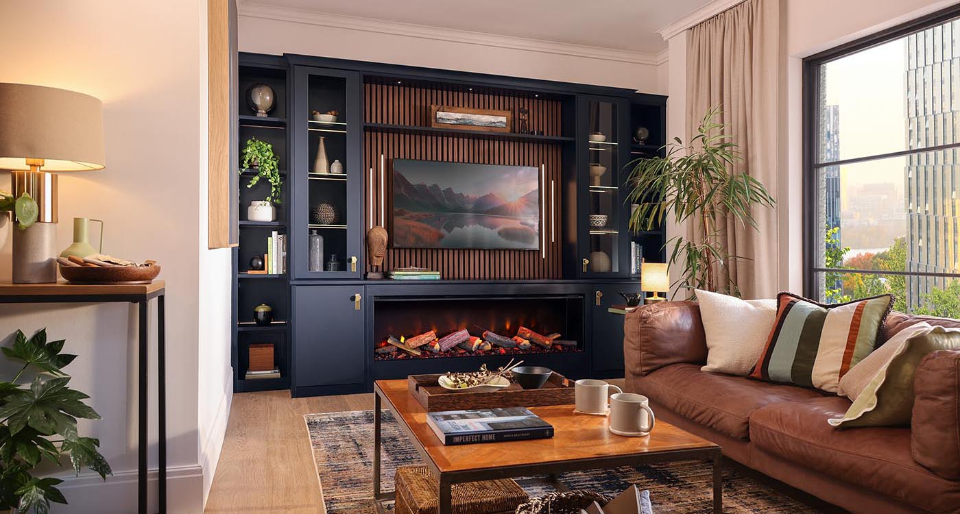 Likving Room Media Walls with Integrated Fireplaces | Sharps