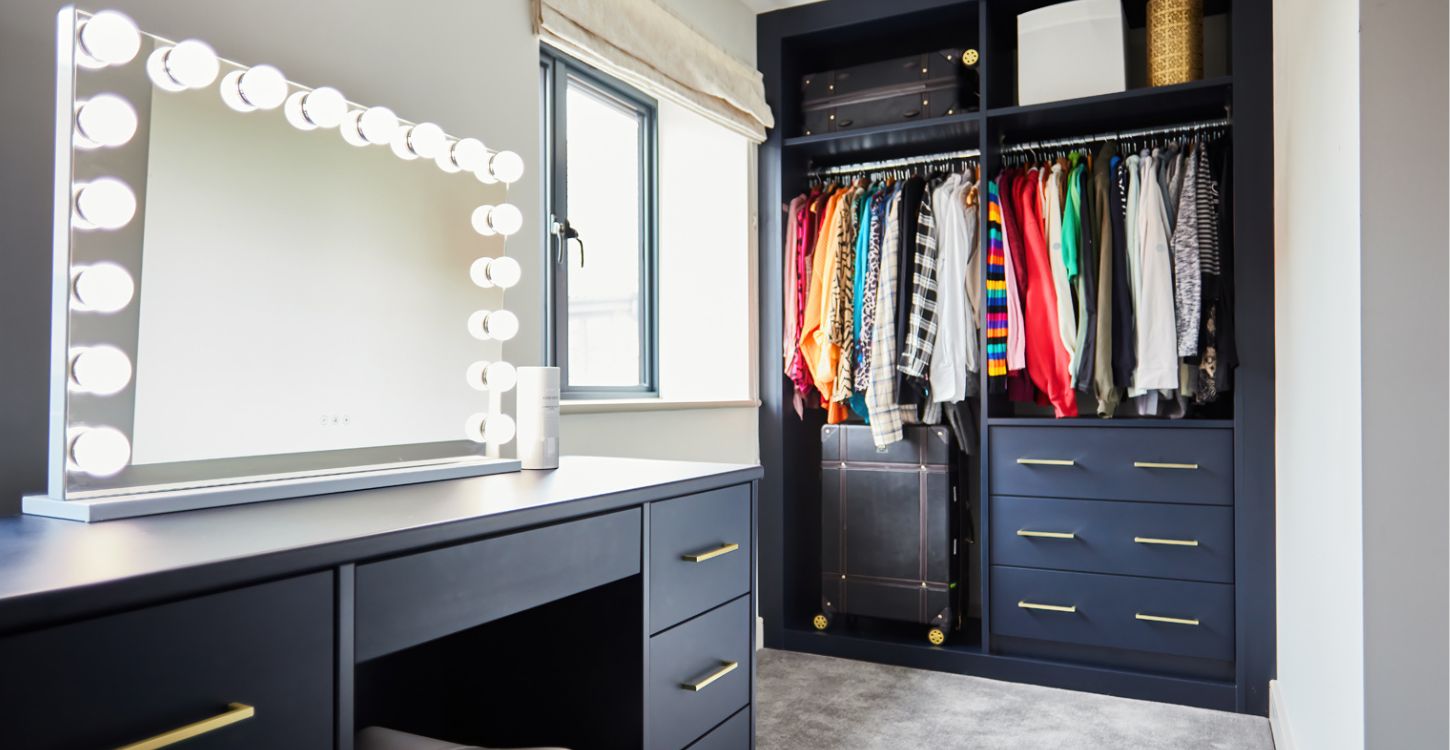Stunning blue walk-in wardrobe for TV Presenter Josie | Sharps